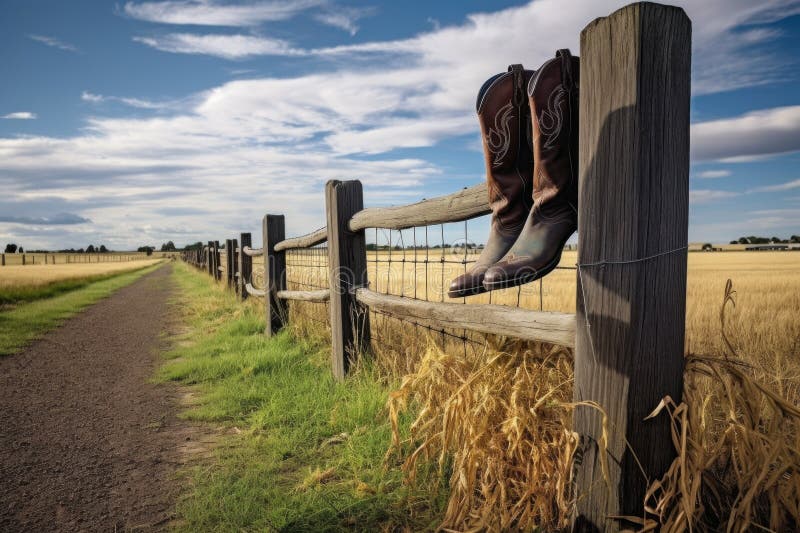 Cowboy Boots on a Fence Post in a Rural Setting Stock Illustration ...