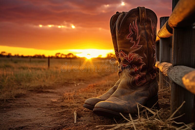 Cowboy Boots, in Focus, with a Blurred Sun Setting Behind Stock Photo ...