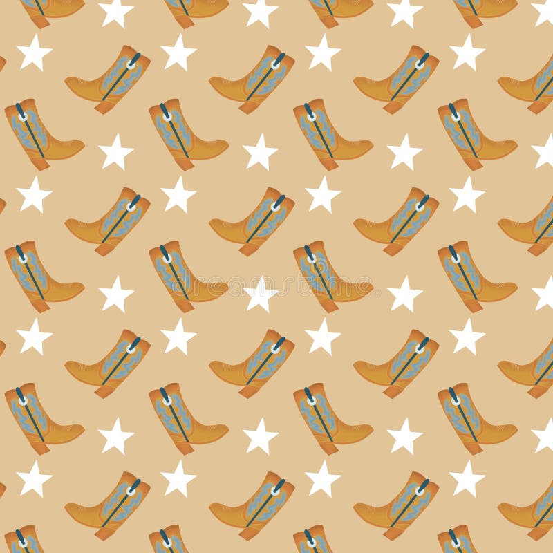 Cowboy Boots Pattern with Beige Background and White Stars. Stock ...