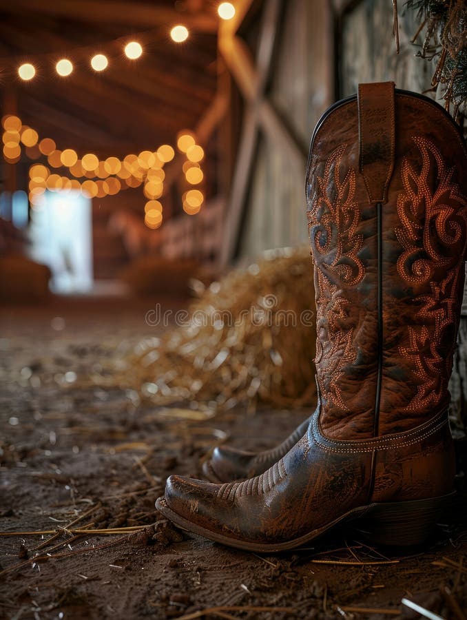 Cowboy Boots in a Rustic Barn with Hay and String Lights. Stock Image ...