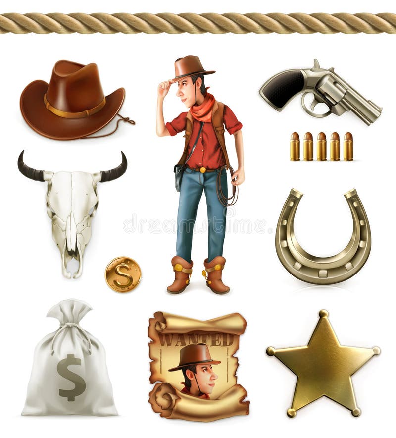 Cowboy Cartoon Character and Objects. Western Adventure. Vector Icon ...