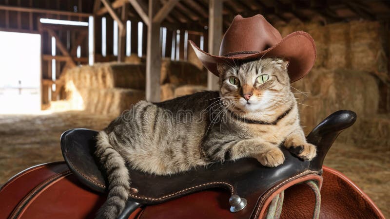 Cowboy Cat Relaxing on Saddle in Rustic Barn Stock Illustration ...