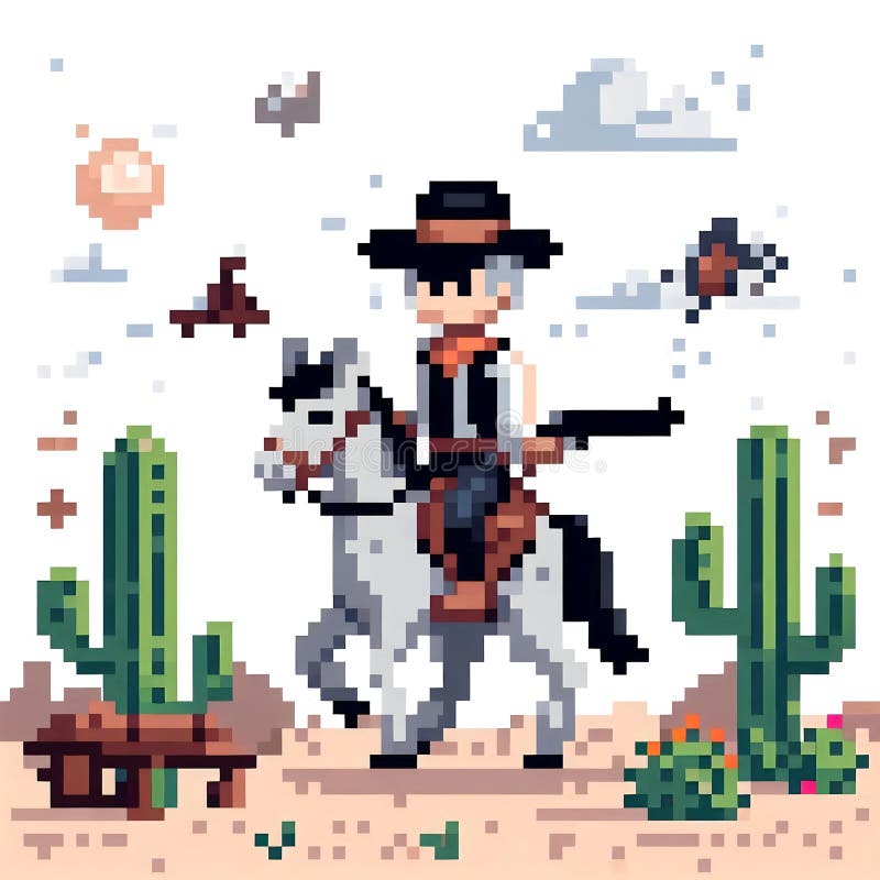 Cowboy Character Illustrator Design Riding a Horse, Pixel Art Stock ...