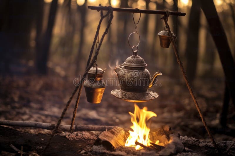 Cowboy Coffee Pot Hanging from Tripod Over Fire Stock Illustration ...
