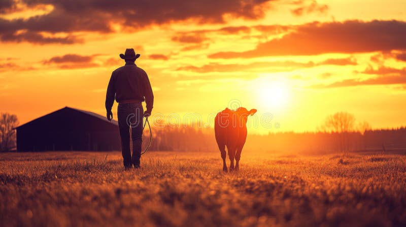 Cowboy and Cow Walking Away from the Sunset Stock Photo - Image of ...