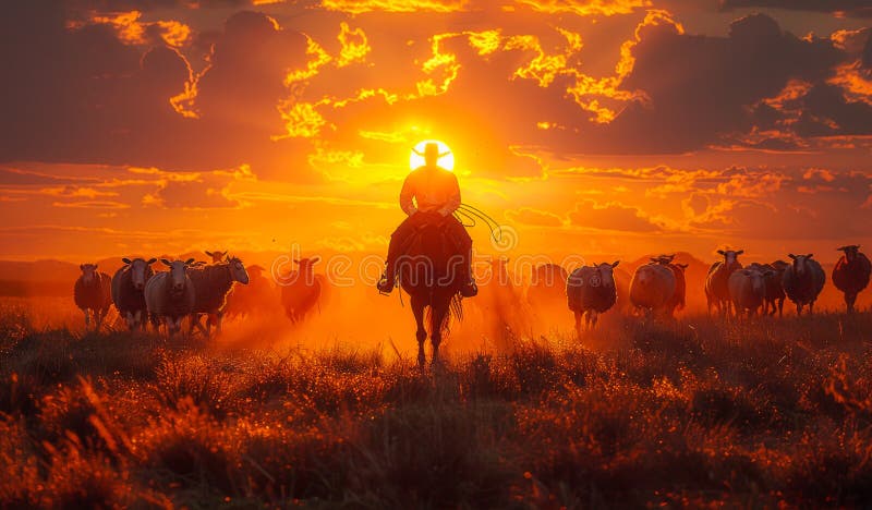 Cowboy Drives Herd of Cattle Across the Plains at Sunset. Stock Photo ...