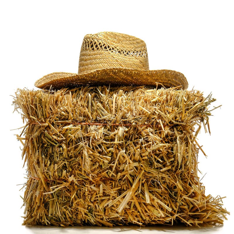 Cowboy Farmer Straw Hat on Hay Bale Over White Stock Photo - Image of ...