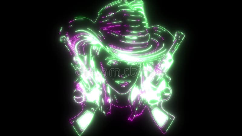 Neon Animation of Cowboy Girl Face with Hat Stock Video - Video of ...