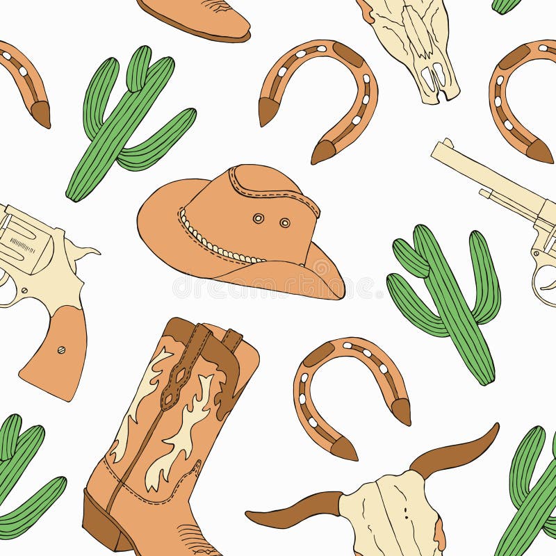 Cowboy Hand Drawn Seamless Pattern. Vector Illustration Stock Vector ...