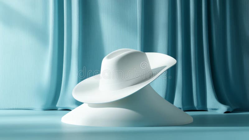 Cowboy Hat Balanced Atop White Cone with Blue Fabric Background Studio ...