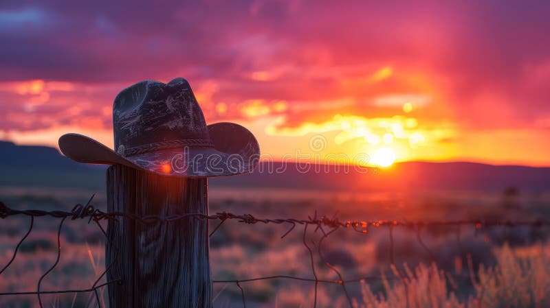A Cowboy Hat on a Fence Post at Sunset Stock Photo - Image of nature ...