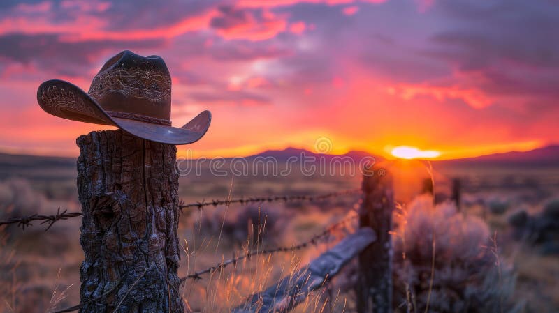 A Cowboy Hat on a Fence Post at Sunset. Stock Photo - Image of orange ...