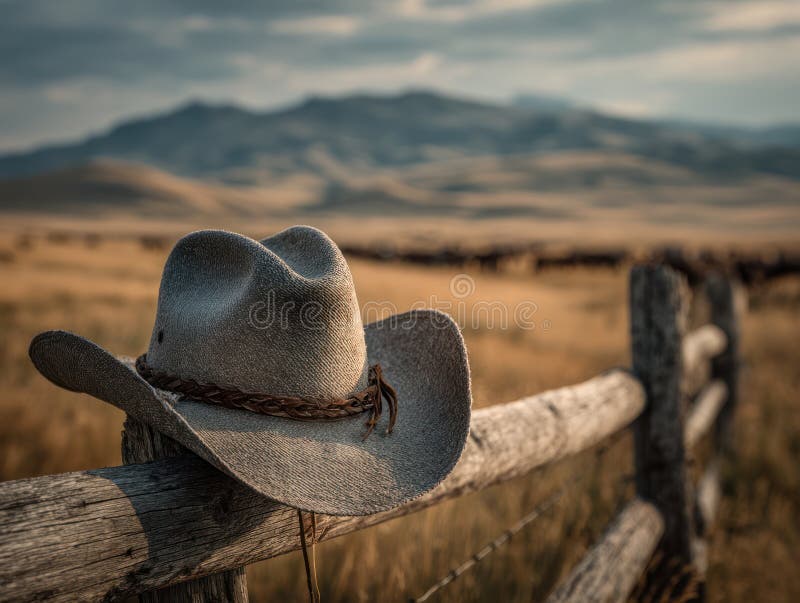 Cowboy Hat Hanging Rustic Fence Post with Rolling Hills and Cattle Herd ...