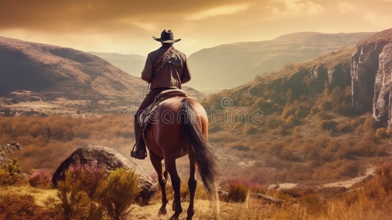 Cowboy in Hat on the Horse Back View. Generative AI Stock Illustration ...