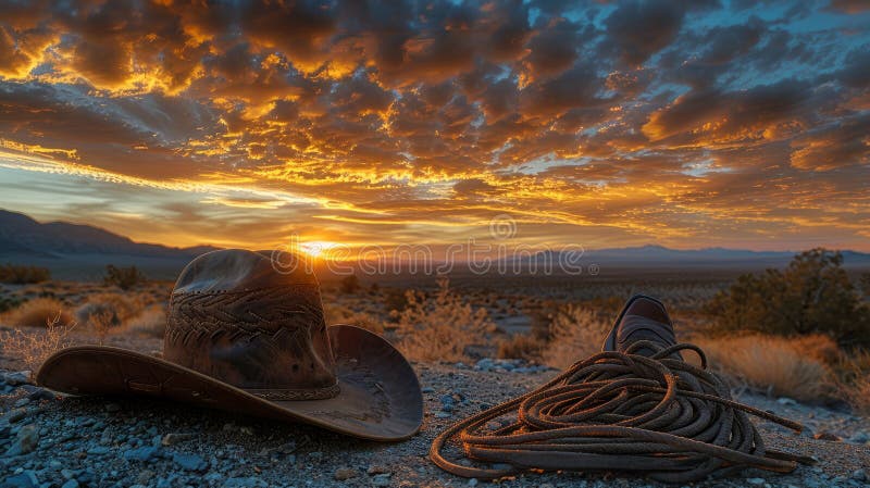 Cowboy Hat and Lasso on Desert Ground at Sunset Stock Photo - Image of ...