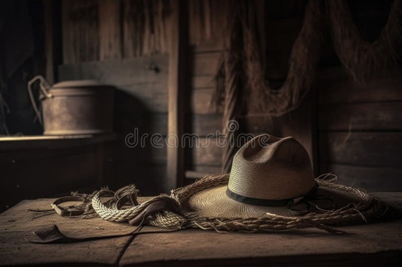 Cowboy Hat and Rope Wearing Down Over Time in Old, Dusty Barn Stock ...