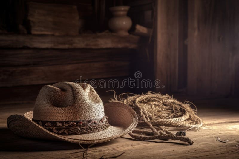 Cowboy Hat and Rope Wearing Down Over Time in Old, Dusty Barn Stock ...