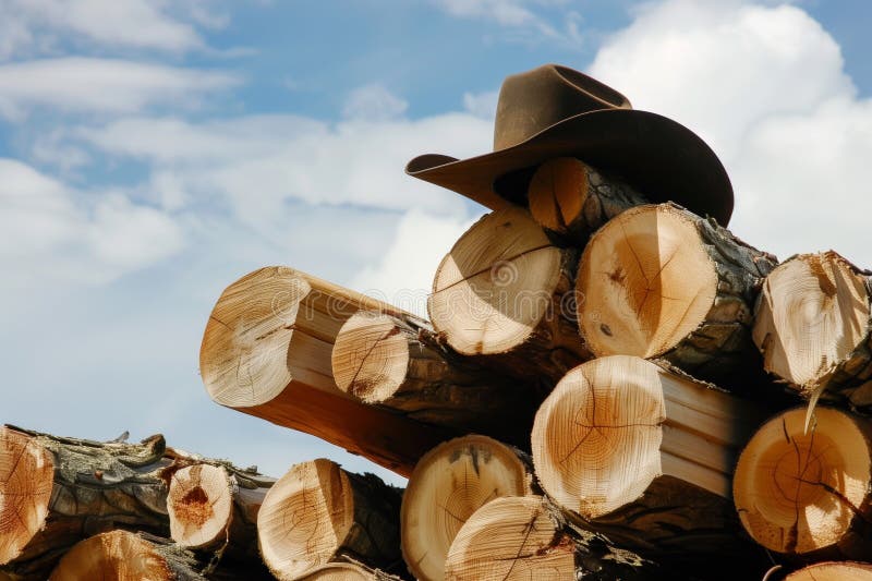 Cowboy Hat Sitting Atop a Stack of Freshly Cut Timber Stock Photo ...