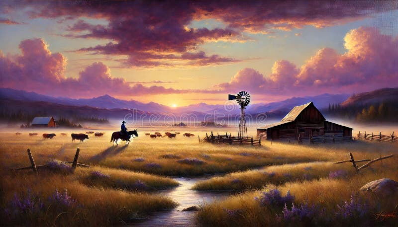 Cowboy Herding Cattle Across Ranch at Sunset with Barn and Windmill ...