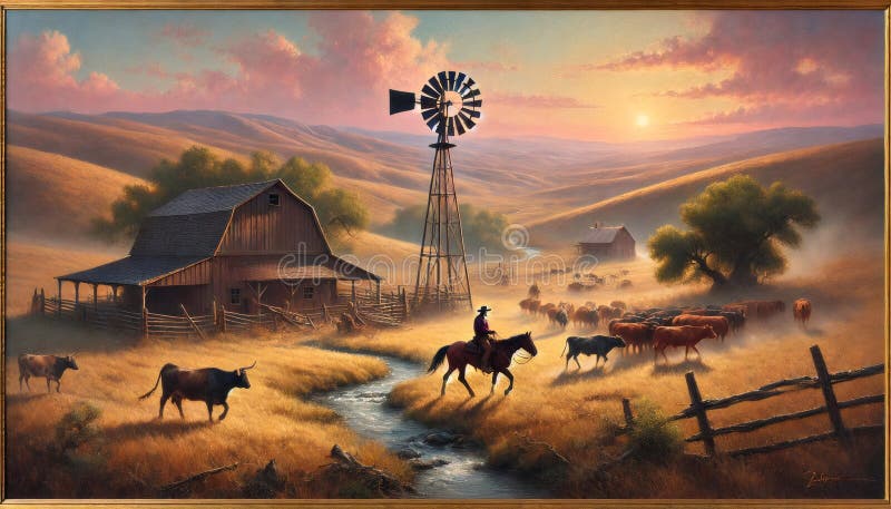 Cowboy Herding Cattle Back To Ranch at Sunset Near a Windmill Stock ...