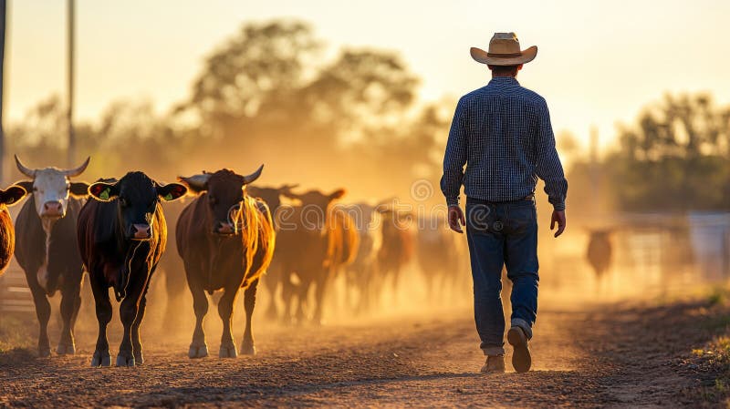 Cowboy Herding Cattle at Sunset Stock Illustration - Illustration of ...