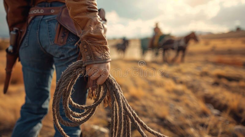 Cowboy Holding Lasso in Rustic Countryside with Wagon in Background ...