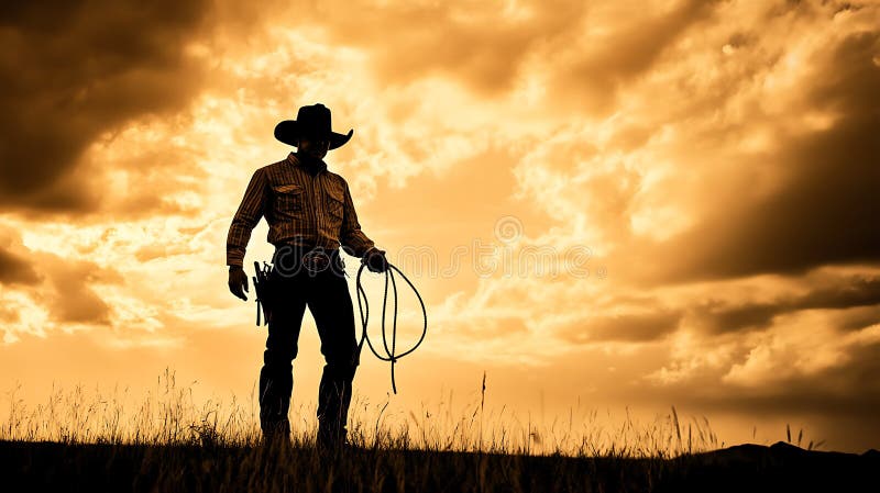 A Cowboy is Holding a Rope Lasso in the Sunset. Empty Space Stock Photo ...