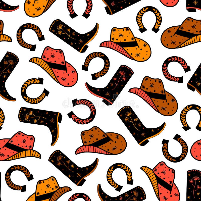 Cowboy Horse Ranch Seamless Vector Pattern. Cowboy Boots, Hat, Horseshoe Repeating Background ...