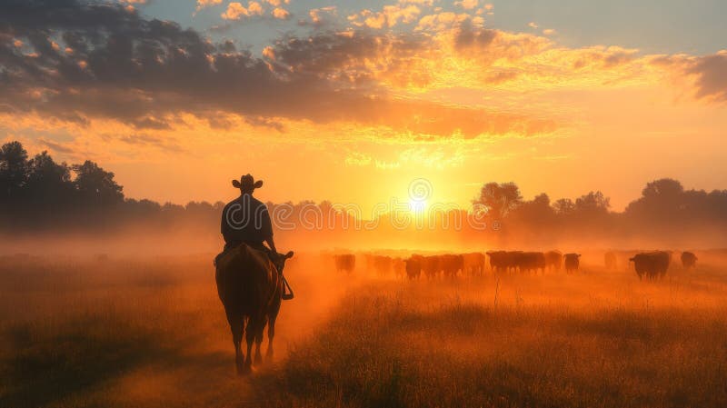 Cowboy on Horseback Leading Cattle Herd at Sunset Stock Illustration ...