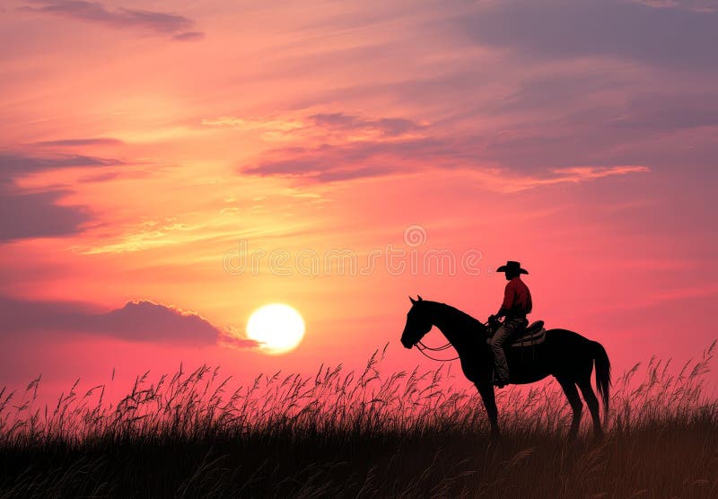 Cowboy on Horseback Silhouetted Against a Sunset Sky Stock Image ...