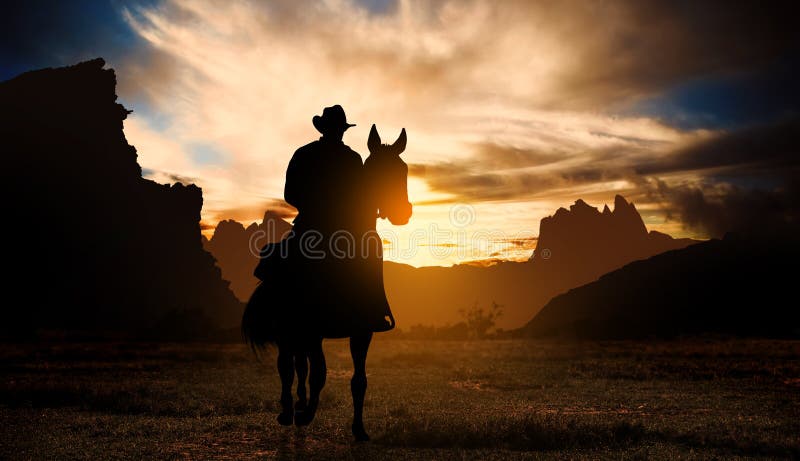 Cowboy on Horseback at Sunset Stock Photo - Image of country, landscape ...