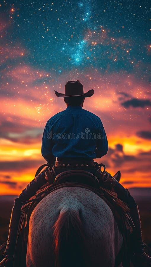 Cowboy on Horseback at Sunset, Starry Sky Stock Illustration ...