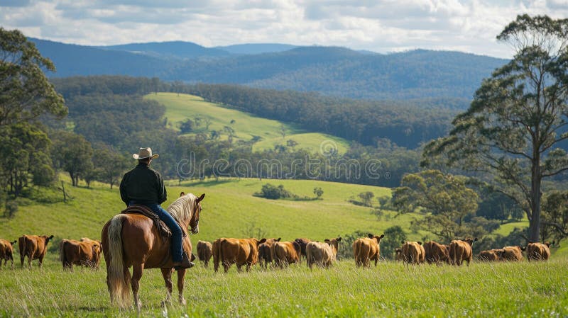 Cowboy on Horseback Surveying Cattle in Rolling Hills Stock ...