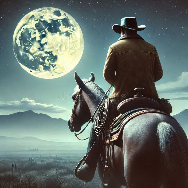 Cowboy on Horseback Under a Bright Moon. Stock Photo - Image of shadow ...