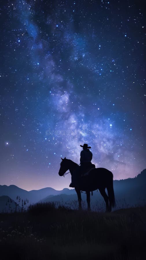 Cowboy on Horseback Under a Starry Night Sky Stock Image - Image of ...