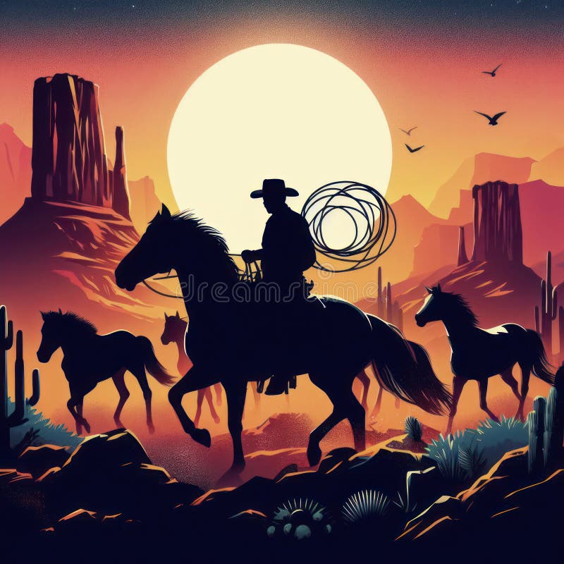 A Cowboy Leading a Group of Horses at Sunset. Ai Generative Stock ...