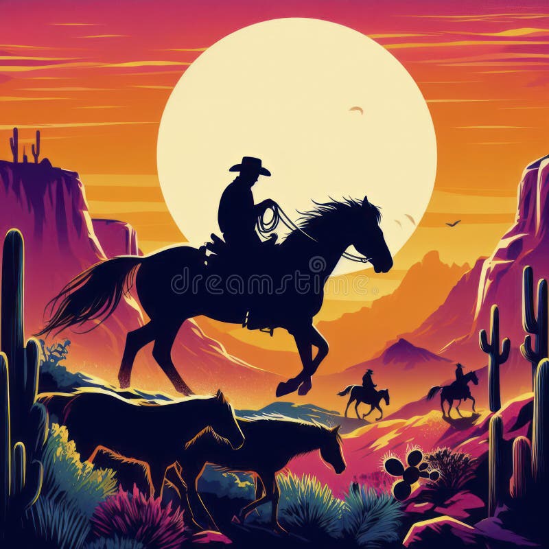 A Cowboy Leading a Group of Horses at Sunset. Ai Generative Stock ...