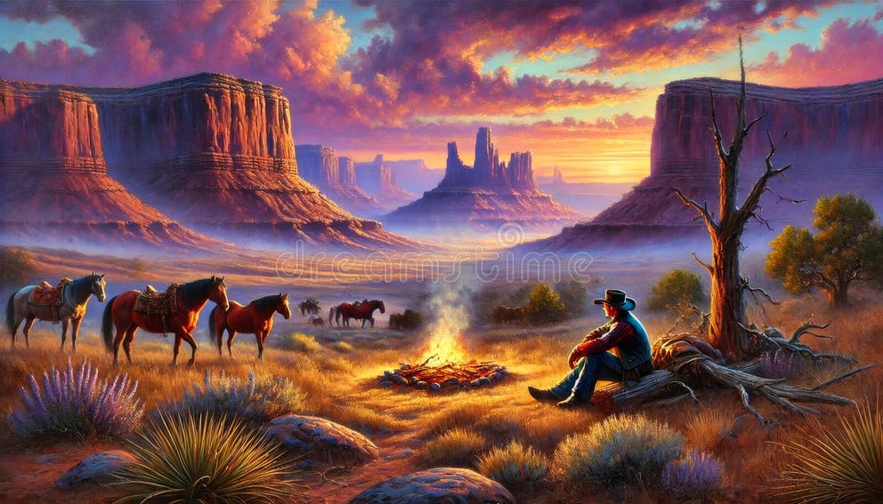 Cowboy Resting by Campfire at Sunset in Monument Valley Stock Image ...