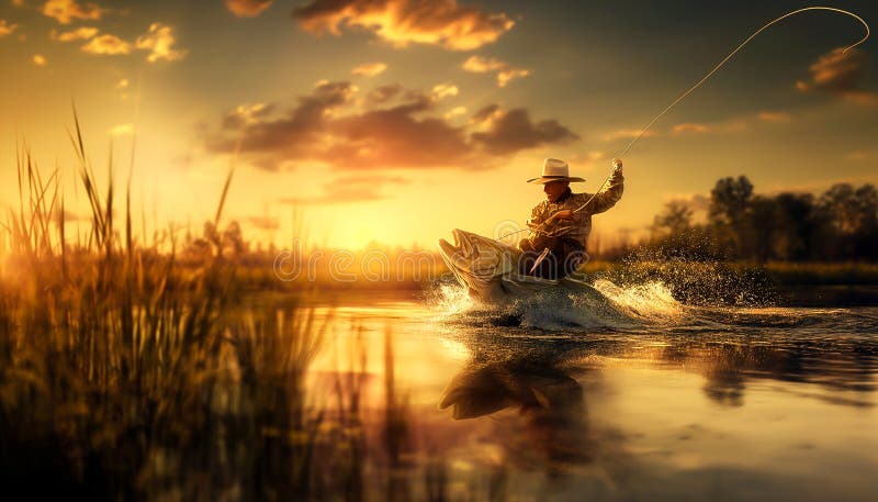 A Cowboy Rides a Giant Fish at Sunset Stock Illustration - Illustration ...