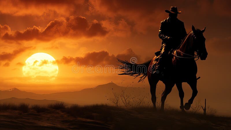 Cowboy Riding a Horse during Sunset. Stock Illustration - Illustration ...
