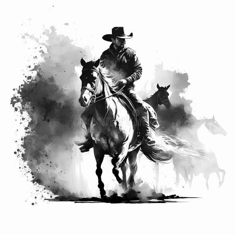 Cowboy with Running Horse Black and White. Generative AI Stock ...
