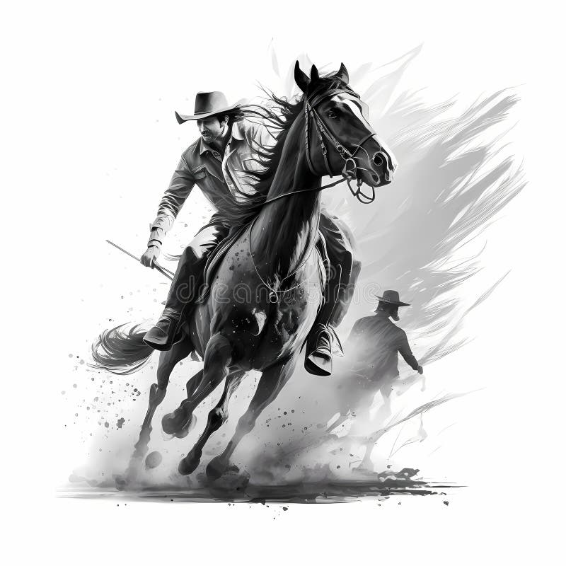 Cowboy with Running Horse Black and White. Generative AI Stock ...