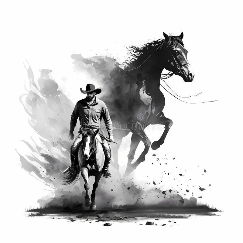 Cowboy with Running Horse Black and White. Generative AI Stock ...