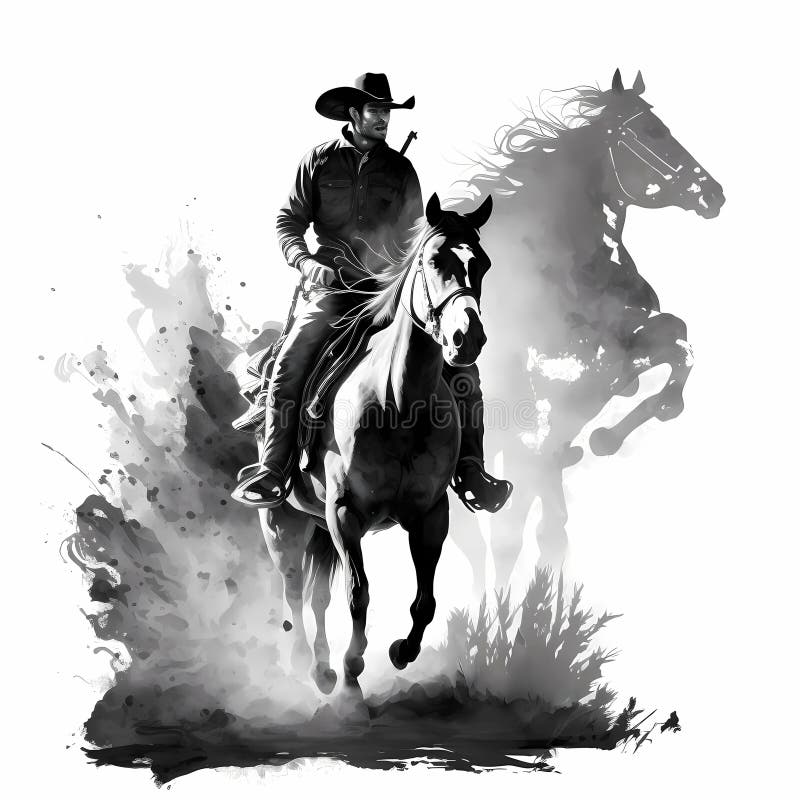 Cowboy with Running Horse Black and White. Generative AI Stock ...