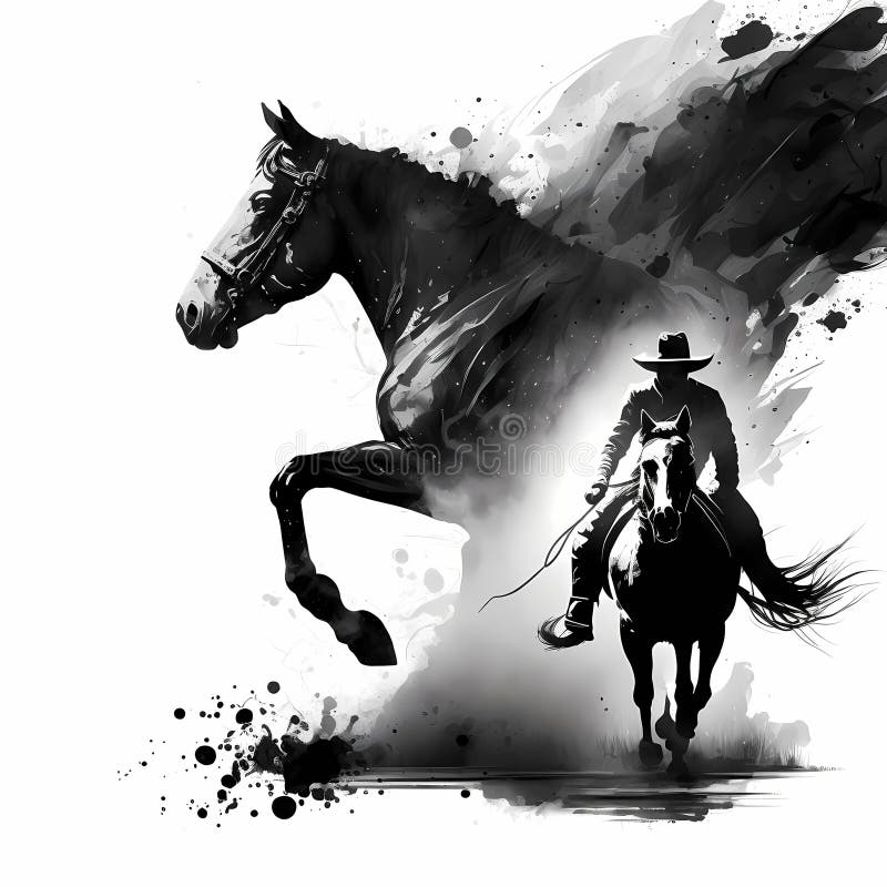 Cowboy with Running Horse Black and White. Generative AI Stock ...