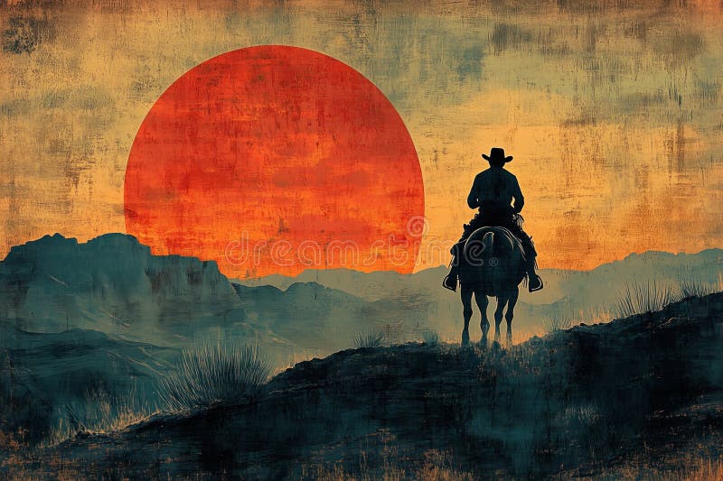 Cowboy Silhouette Against a Dramatic Red Sunset in the Desert Landscape ...