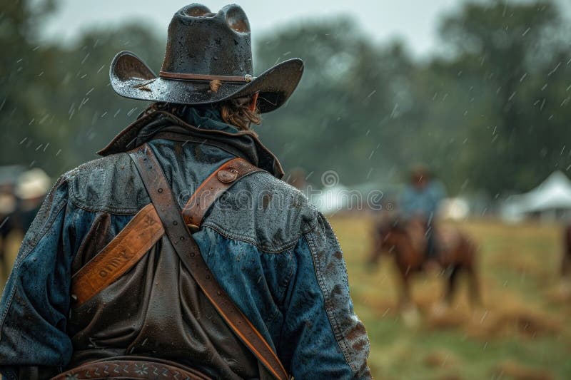 Cowboy Standing in the Rain with His Hat on and a Blue Jean Jacket ...