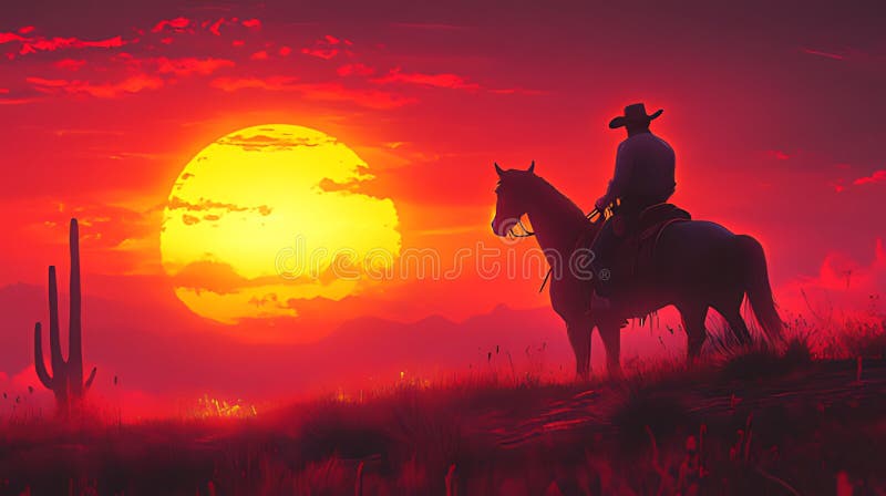 Cowboy Sunset Desert Horseback Silhouette Landscape Stock Illustration ...