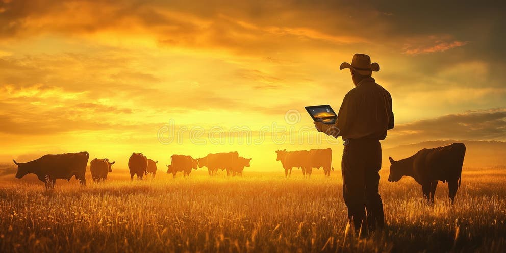 Cowboy Using Laptop in Sunset Pasture with Grazing Cattle Stock Image ...