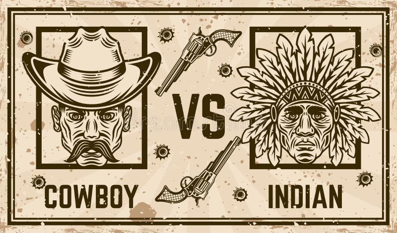 Cowboy Versus Native Indian Chief Vector Confrontation Horizontal ...